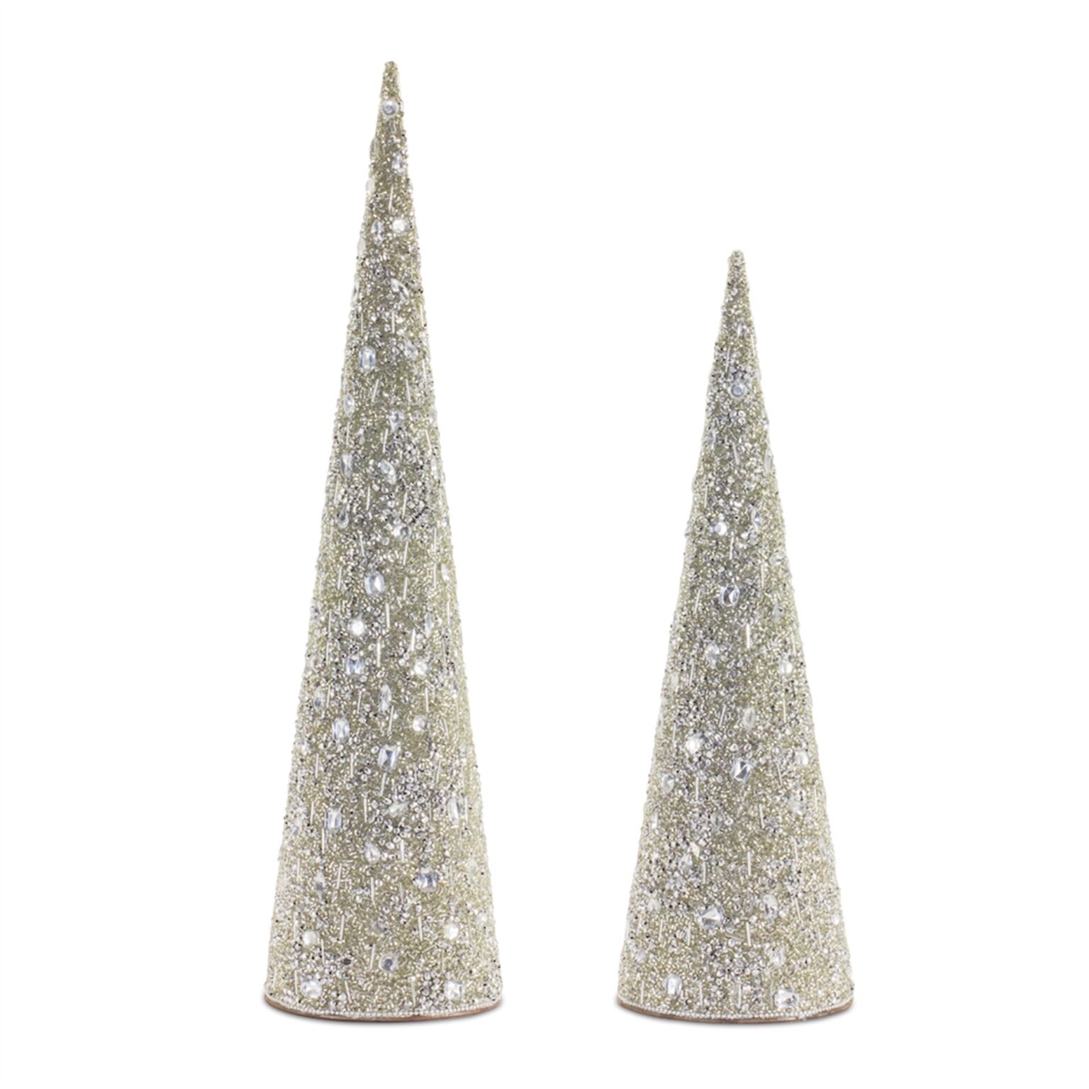 PLATINUM/ CHAMPAGNE BEADED/ JEWELED CONE TREE - SET OF 2 - Holiday Bliss